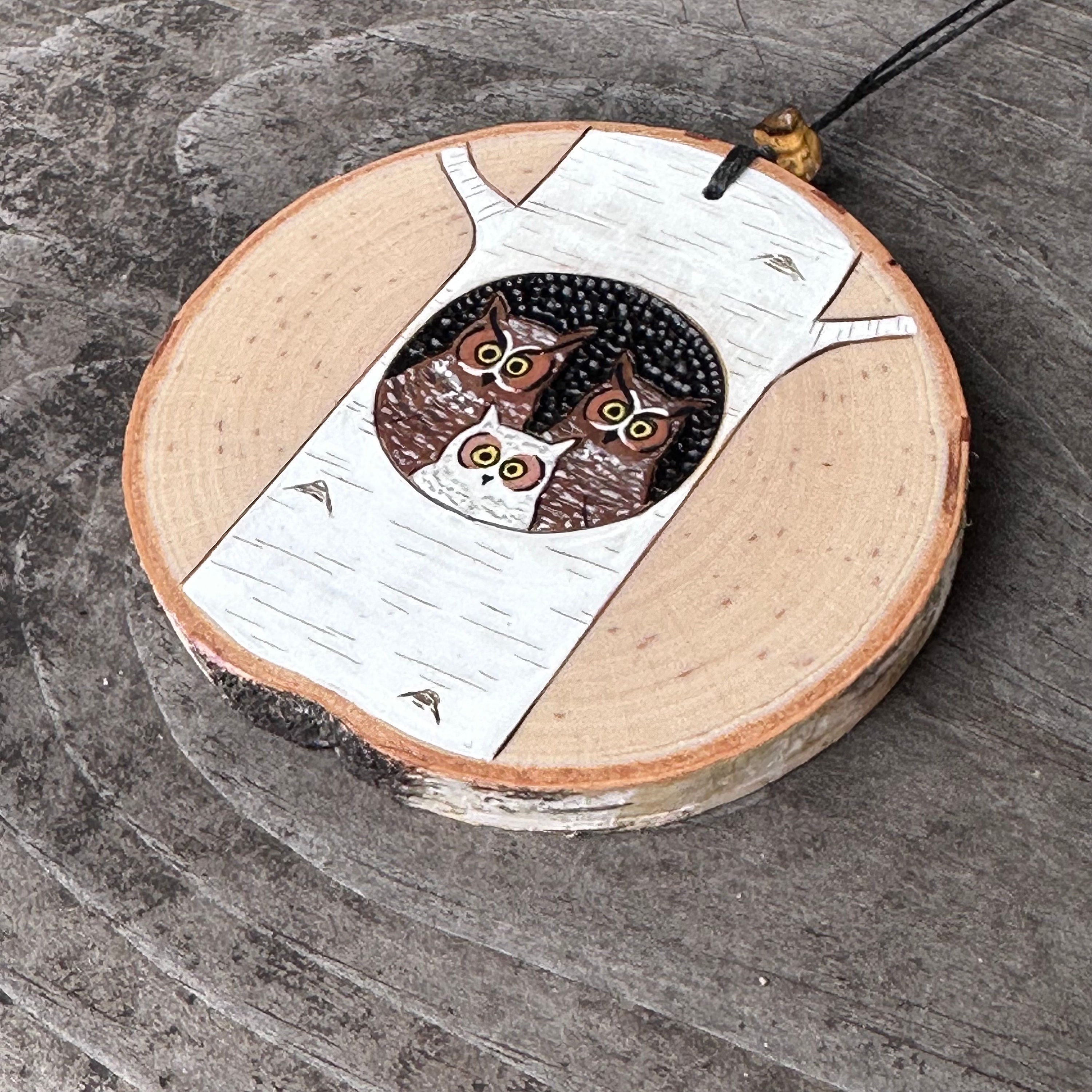 Birch Tree With Owl Family on Wood Slice Ornament. Great Horned Owls ...