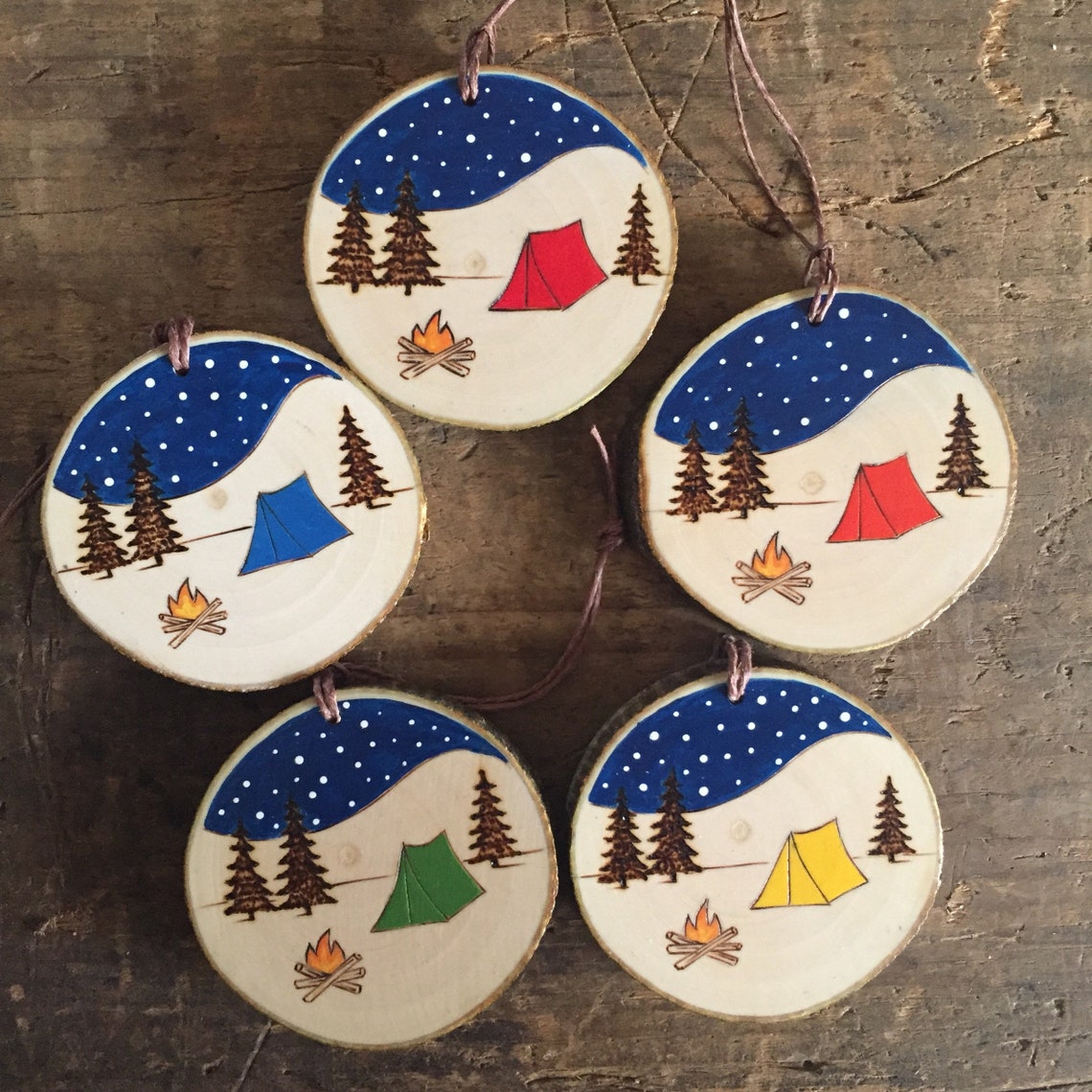 Wood Camping Ornament. Campfire, Tent, Trees, Mountains. Wood Burned ...