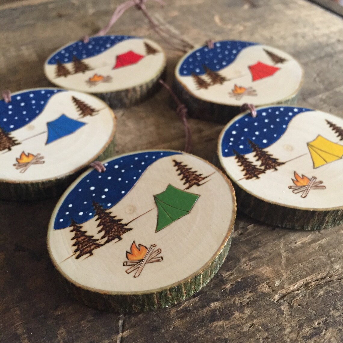 Wood Camping Ornament. Campfire, Tent, Trees, Mountains. Wood Burned ...