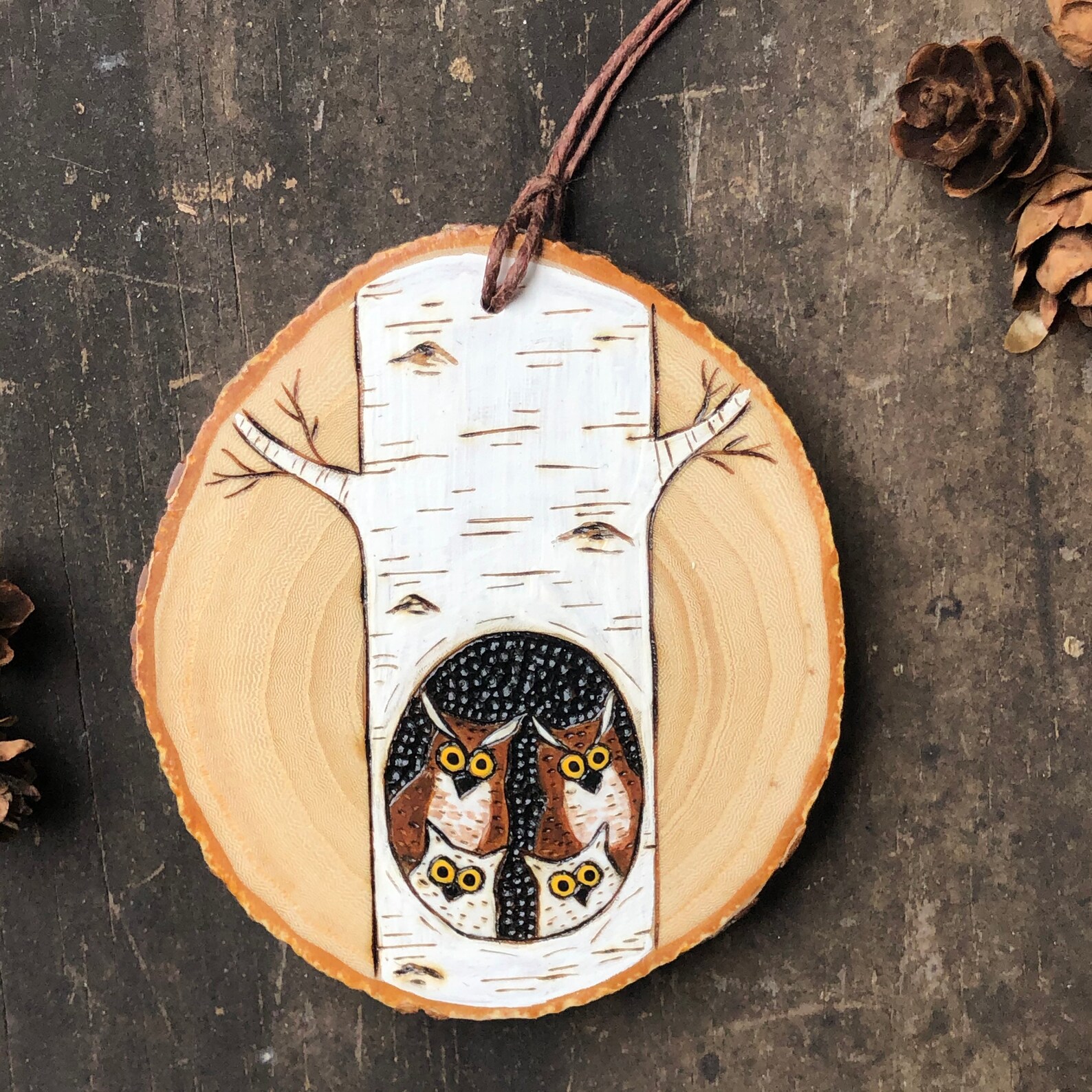 Birch Tree With Owl Family on Wood Slice Ornament. Great Horned Owls ...