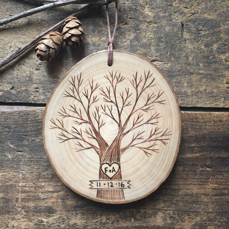 Personalized Tree With Heart, Initials and Date Sign. Wood Burned, Wood ...