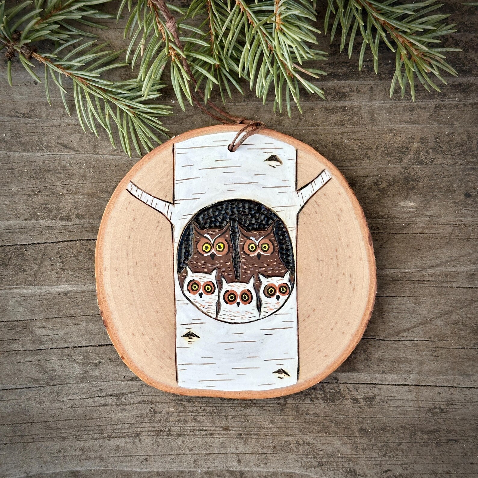 Birch Tree With Owl Family on Wood Slice Ornament. Great Horned Owls ...