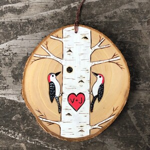 White Birch Tree W/ Red Bellied Woodpecker Bird Couple on Wood Slice ...