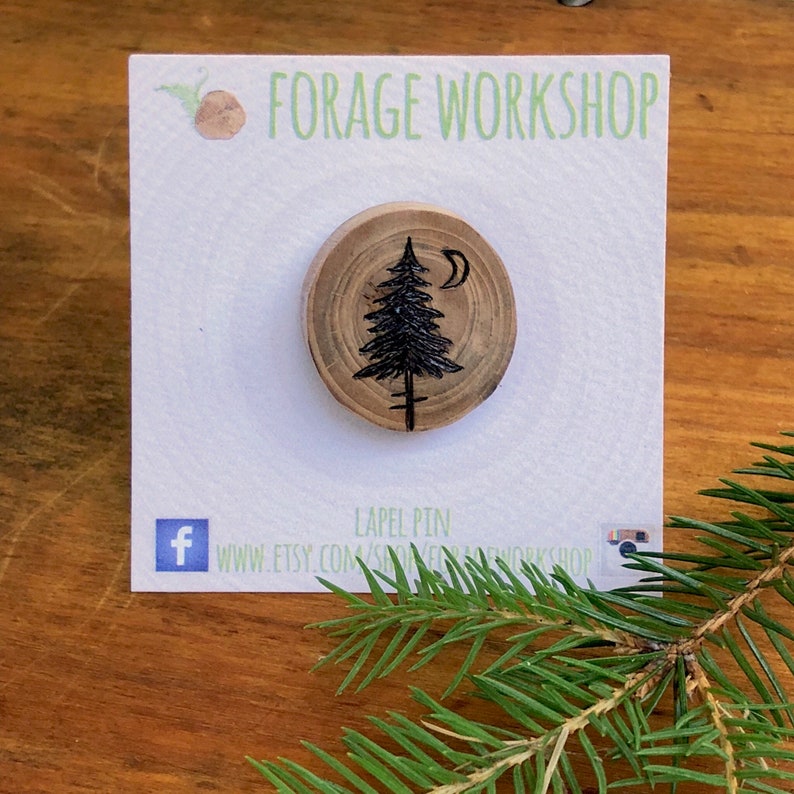 Wood burned tiny pine tree pin or brooch. Handmade by Forage | Etsy