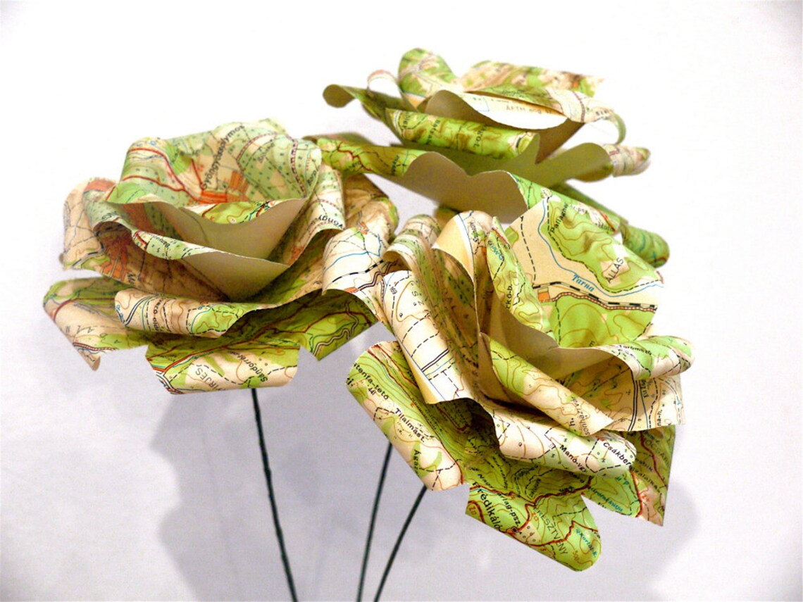 Map Flowers Paper Roses Atlas Paper Upcycled Paper - Etsy