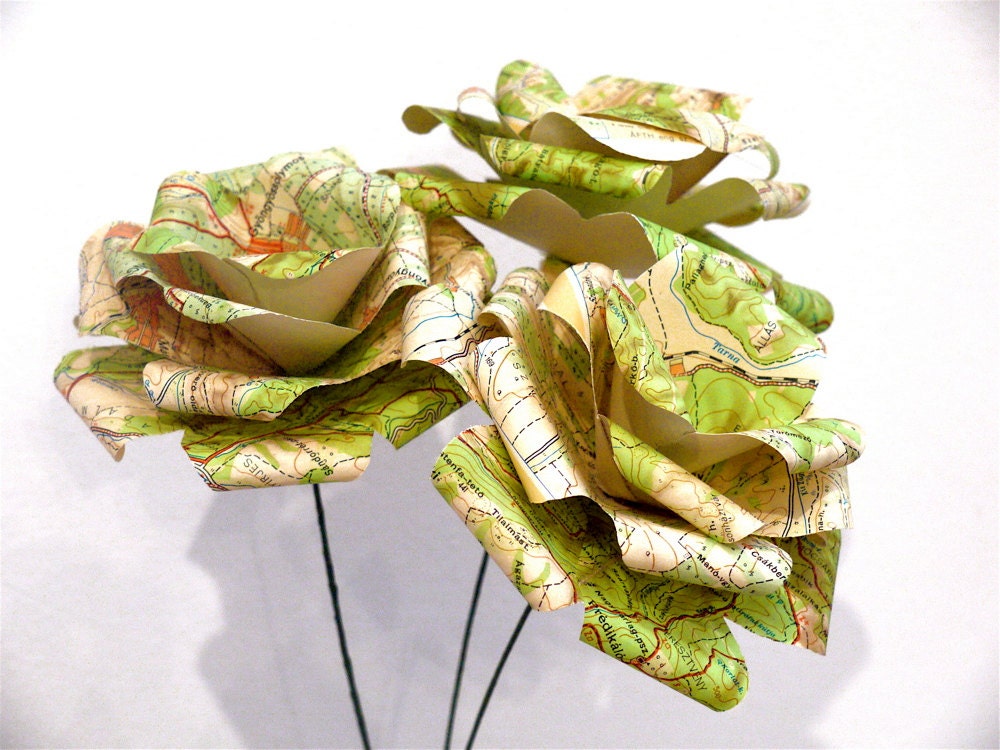 Map Flowers Paper Roses Atlas Paper Upcycled Paper - Etsy