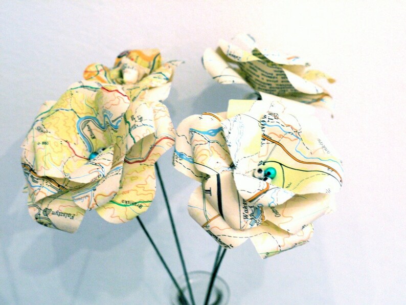 Map Flowers Paper Roses Atlas Paper Upcycled Paper - Etsy