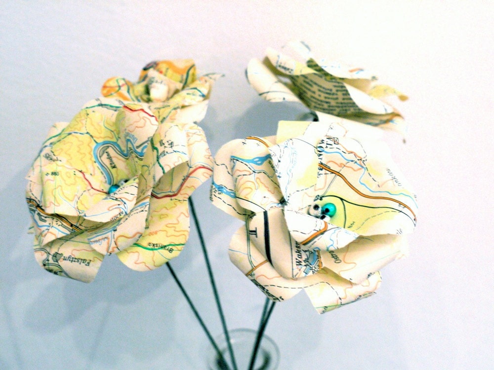 Map Flowers Paper Roses Atlas Paper Upcycled Paper - Etsy