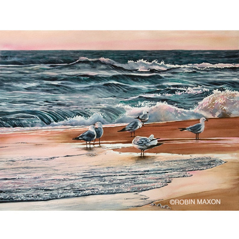 Seagulls in the Surf: Watercolor Painting by Robin Maxon Art - Etsy