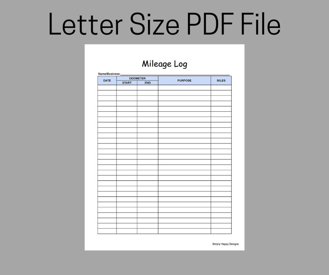 Mileage Log Printable With Space for Name/business - PDF - Letter Size ...