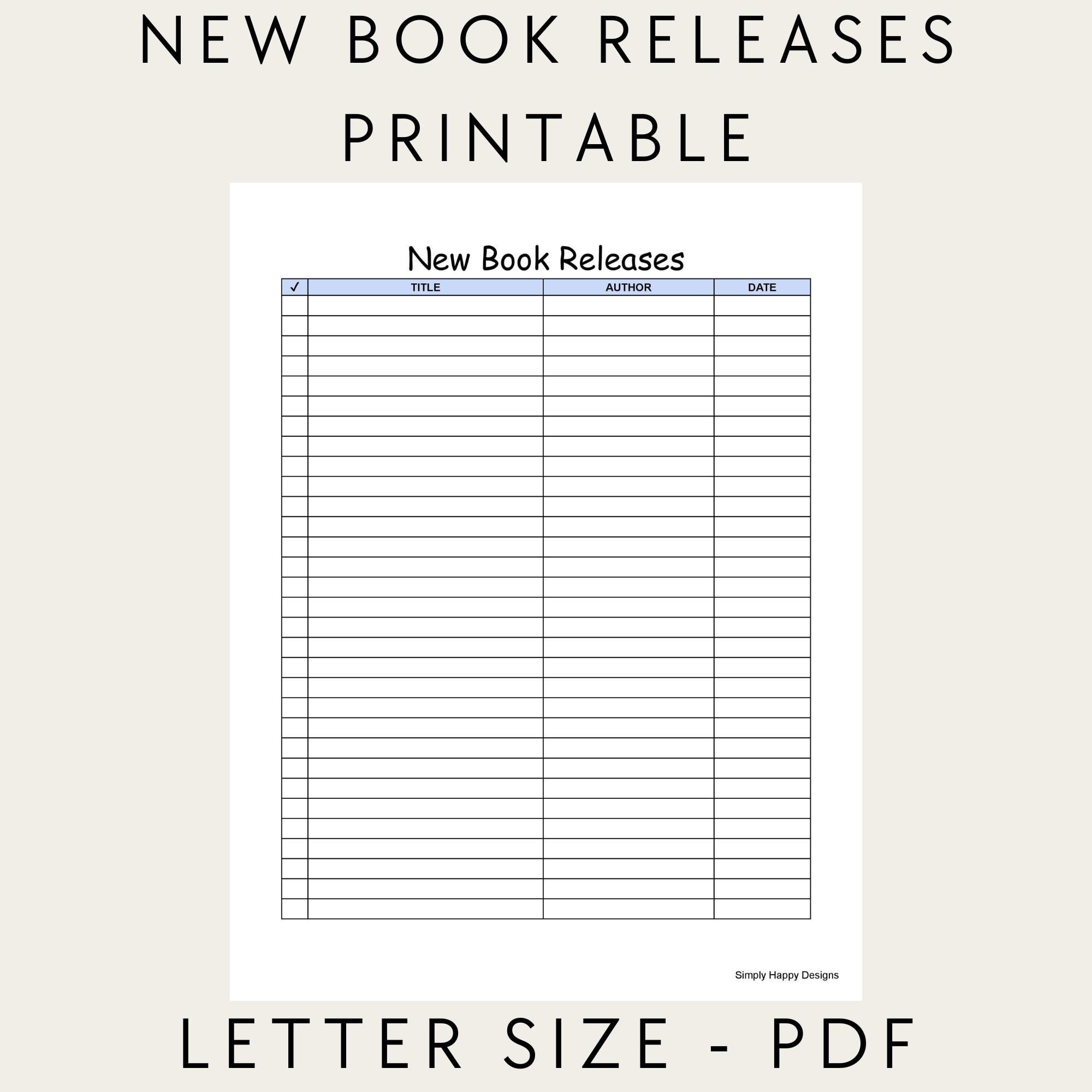 New Book Releases Printable, PDF, Letter Size, Book Tracker, to Be Read ...