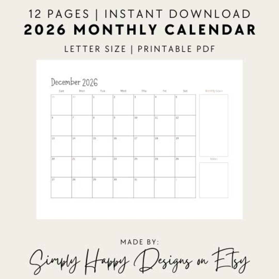 2026 Monthly Planner Printable, Calendars, Simple, Letter Size ...
