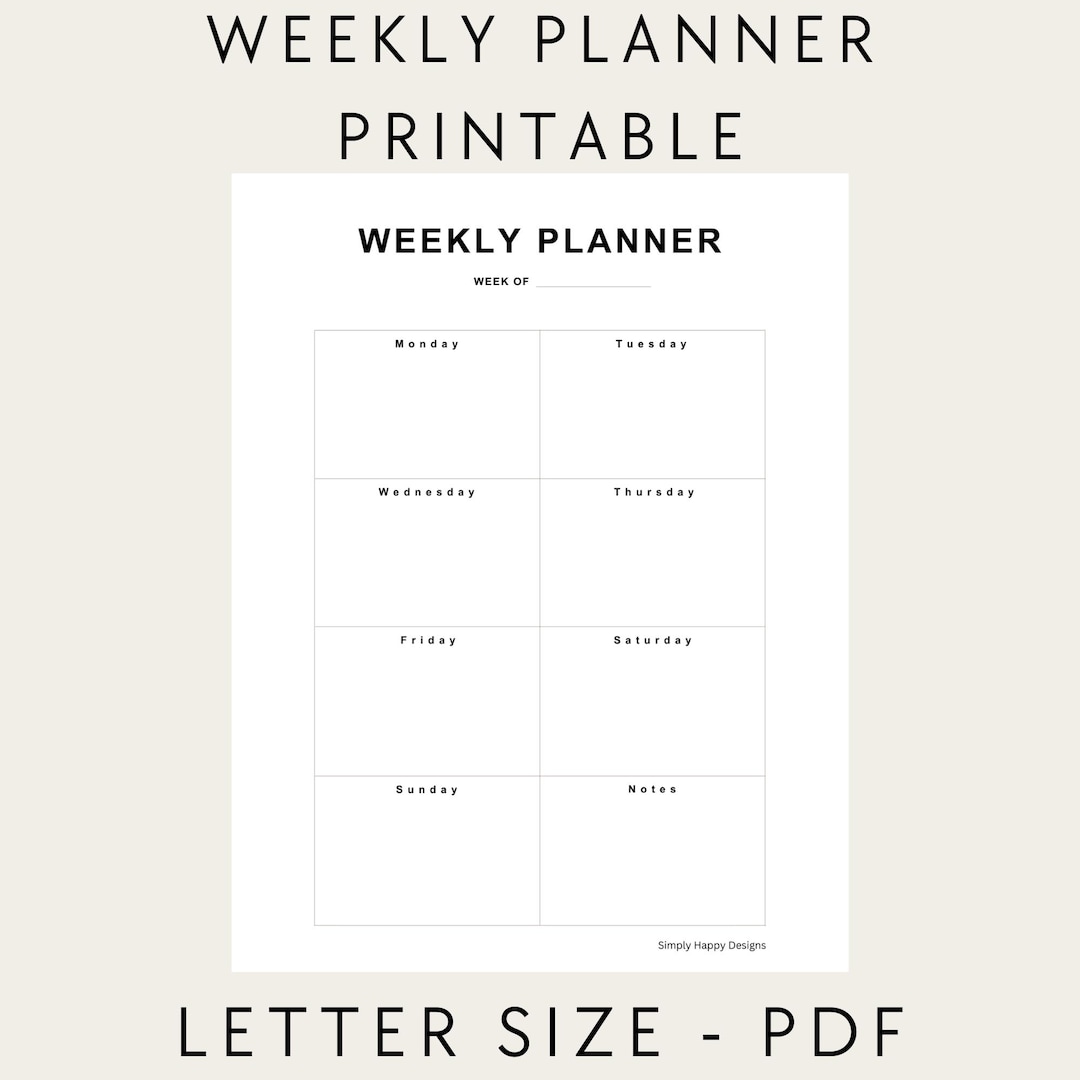 Weekly Planner Printable, PDF, Letter Size, Simple, Minimal, Planner ...
