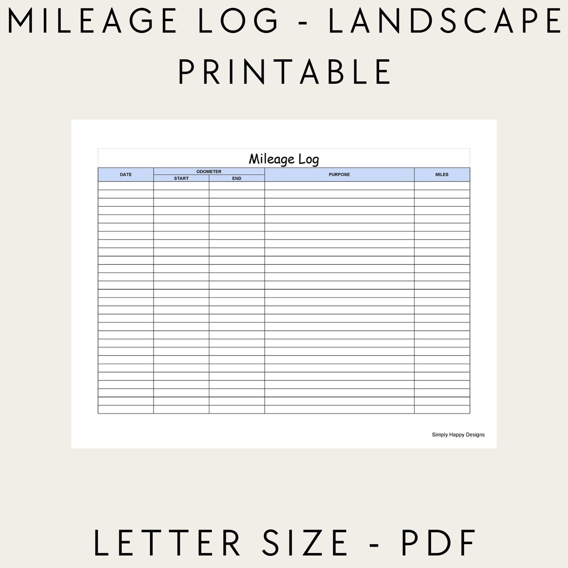 Mileage Log Printable - PDF - Letter Size - Landscape Orientation - Etsy