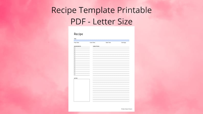 Recipe Template Printable - PDF - Letter Size - Recipe Card/recipe Page ...