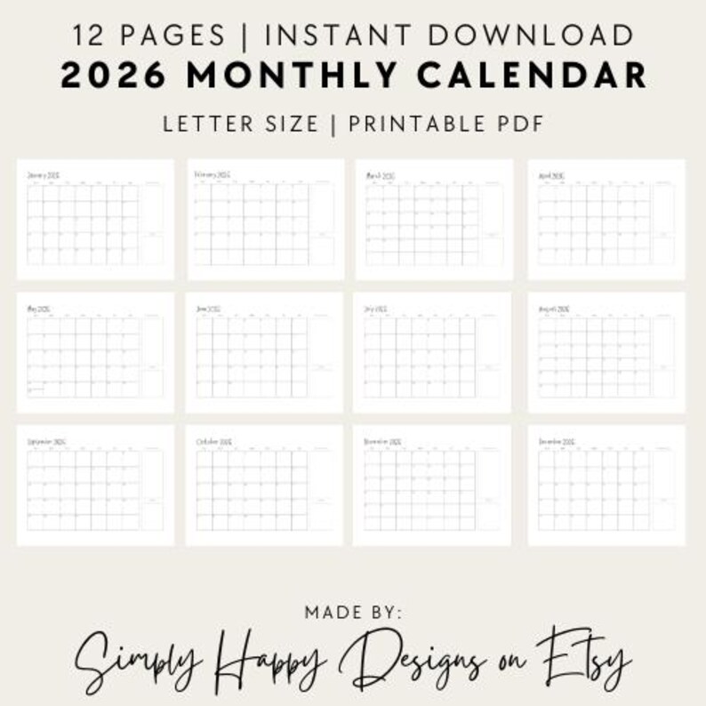 2026 Monthly Planner Printable, Calendars, Simple, Letter Size ...