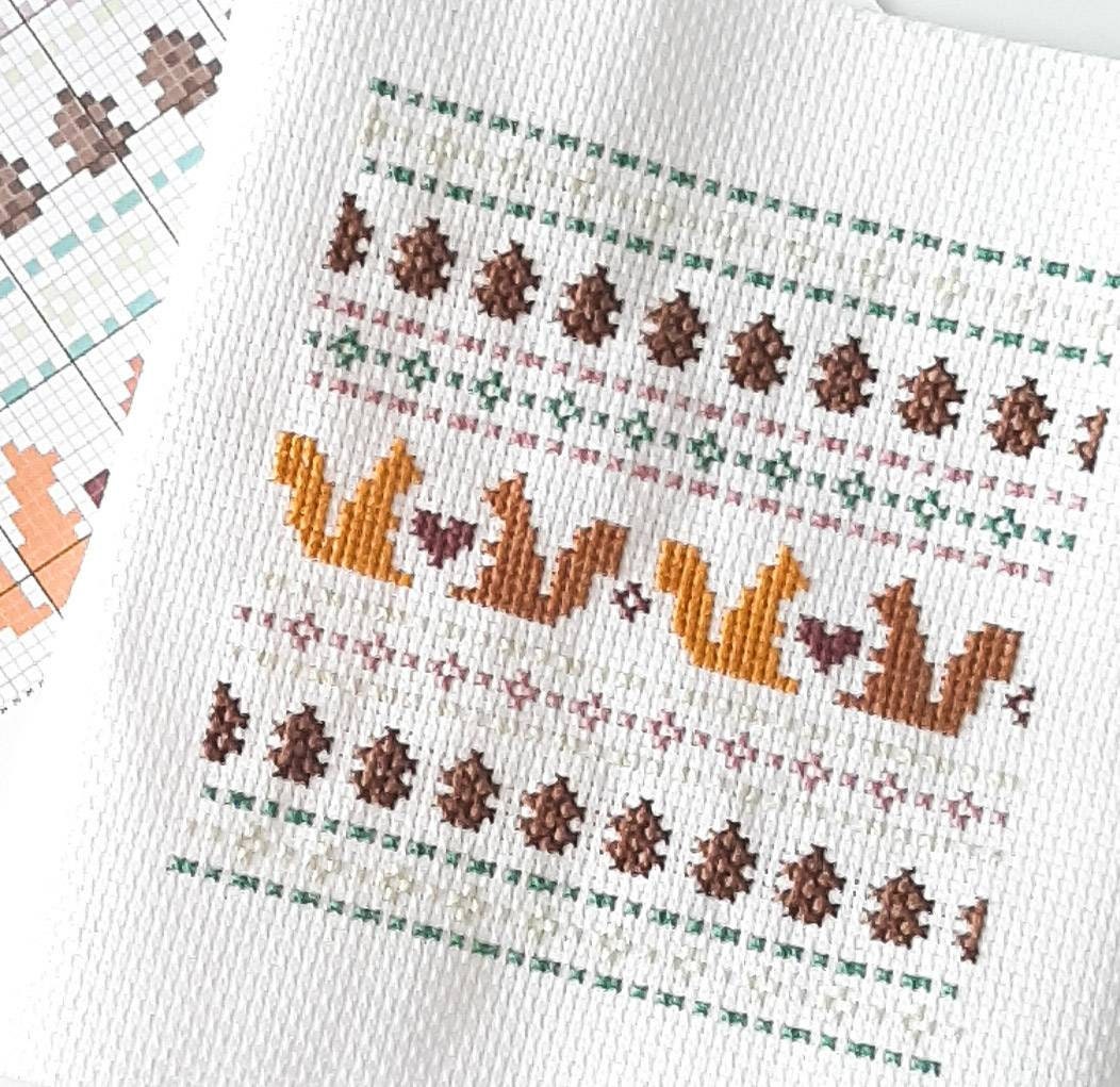 Squirrel cross stitch pattern / pine cone border cross stitch | Etsy