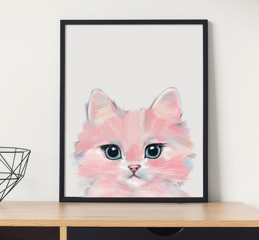 Cat Wall Art, Cute Pink Cat Printable, Nursery Wall Art, Pink Kitty Cat ...