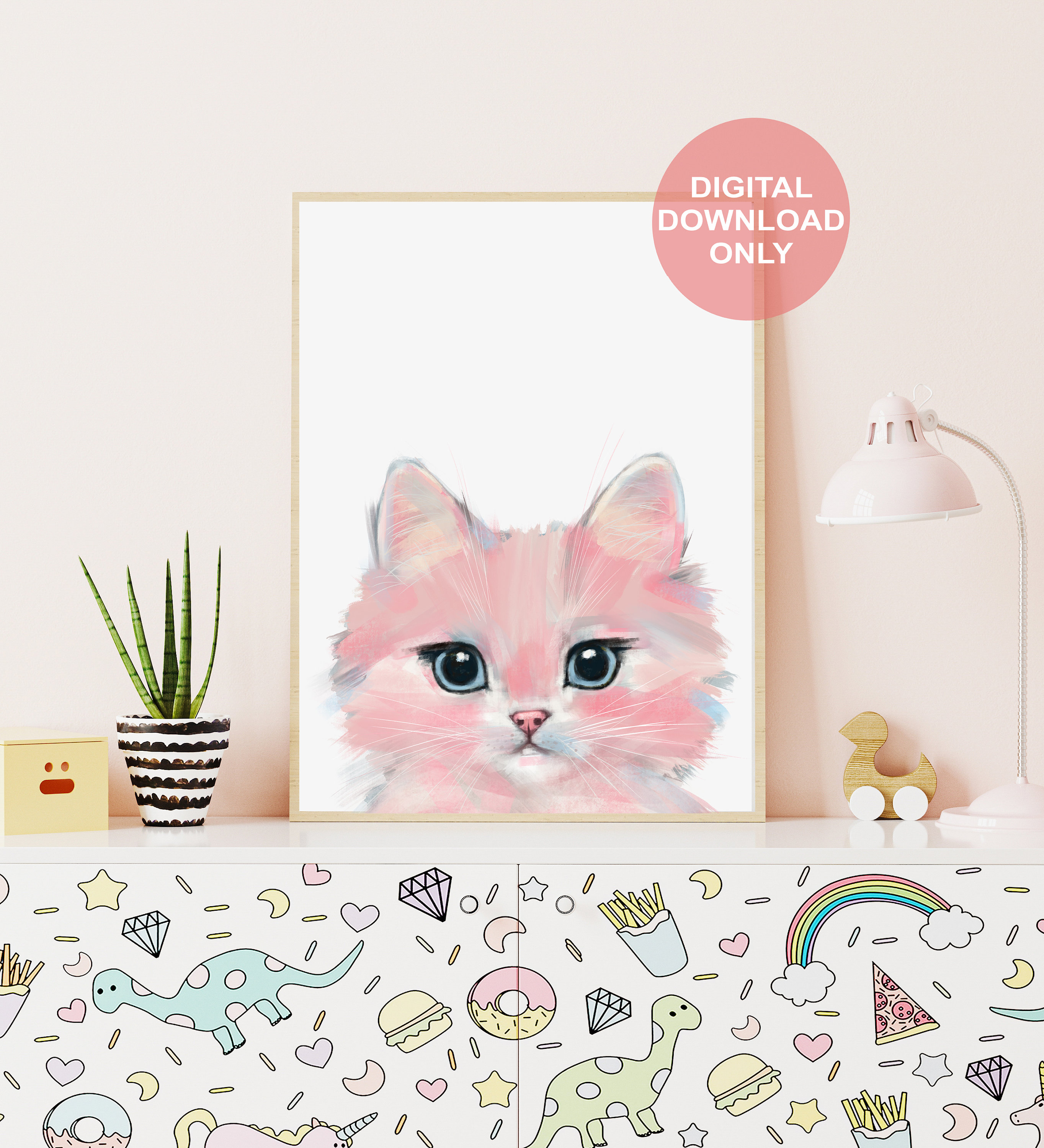 Cat Wall Art, Cute Pink Cat Printable, Nursery Wall Art, Pink Kitty Cat ...