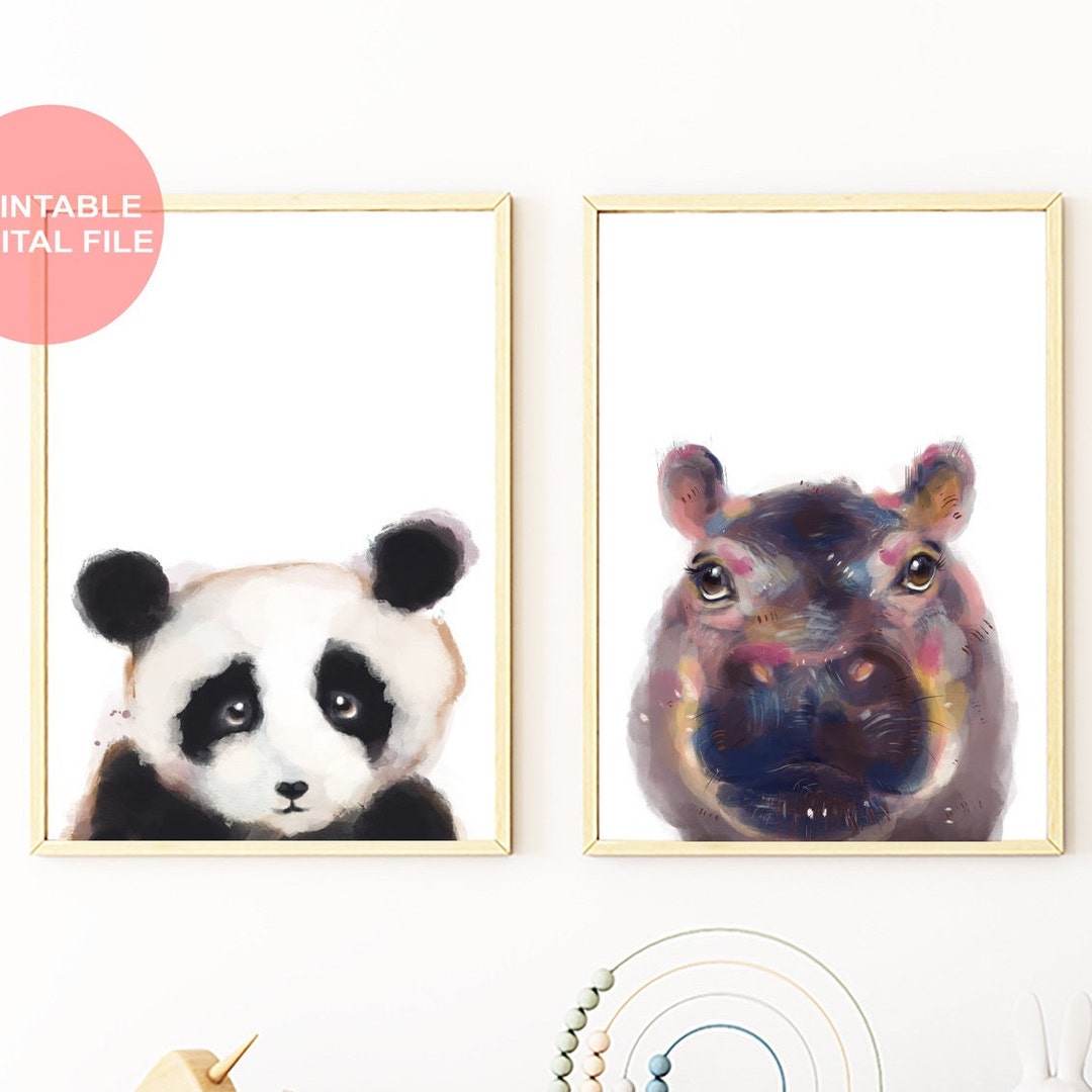 Set of 2 Animal Prints, Panda Print, Hippo Print, Nursery Wall Art ...