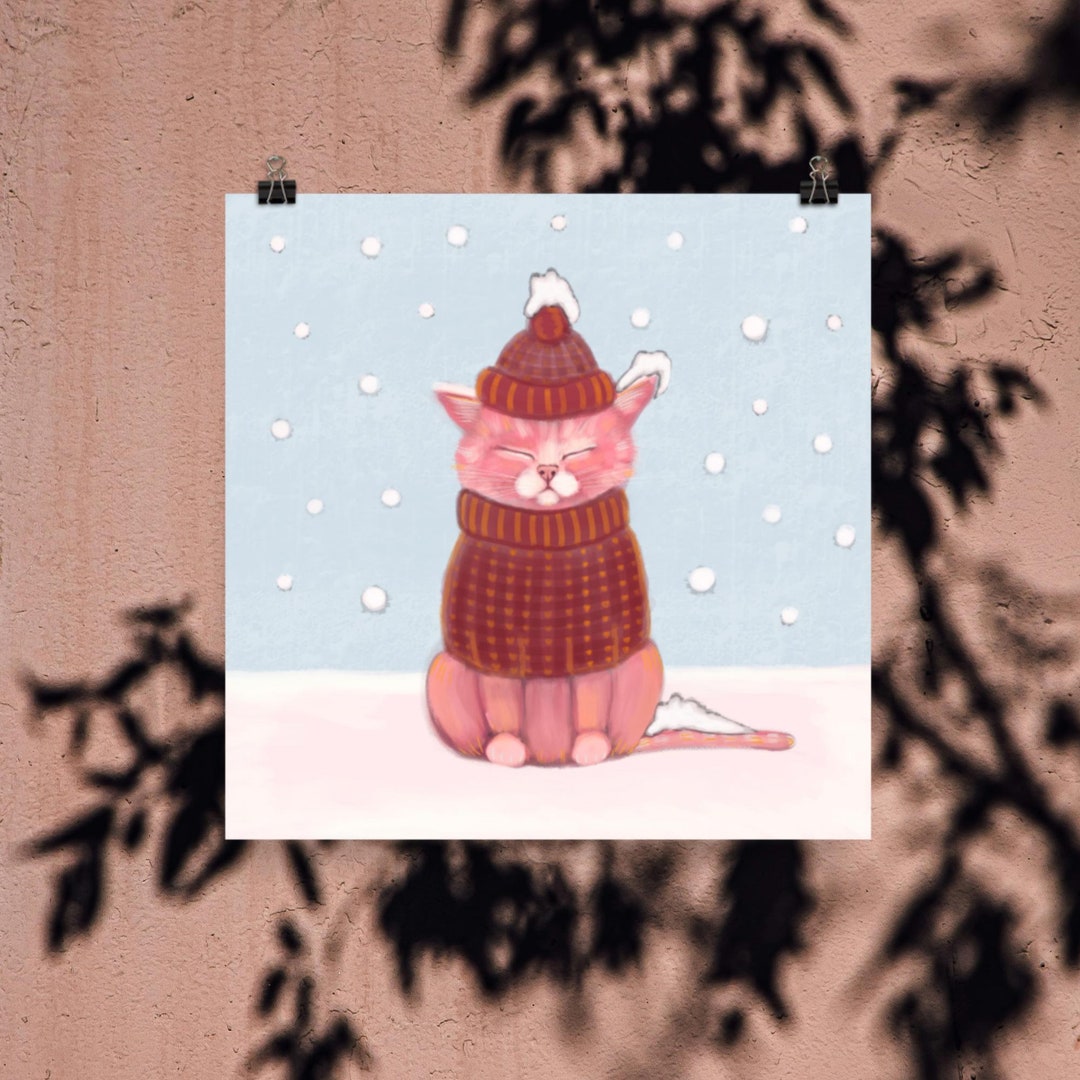 Cute Pink Cat in Cozy Sweater Snow Scene Print, Funny Pink Cat Winter ...