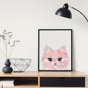 Cat Wall Art, Cute Pink Cat Printable, Nursery Wall Art, Pink Kitty Cat ...