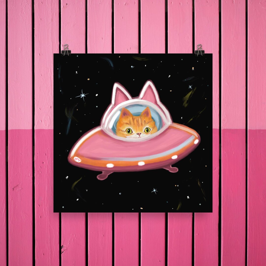 UFO Orange Kitty Cat Poster, Atomic Flying Saucer Cat Print Gift for ...