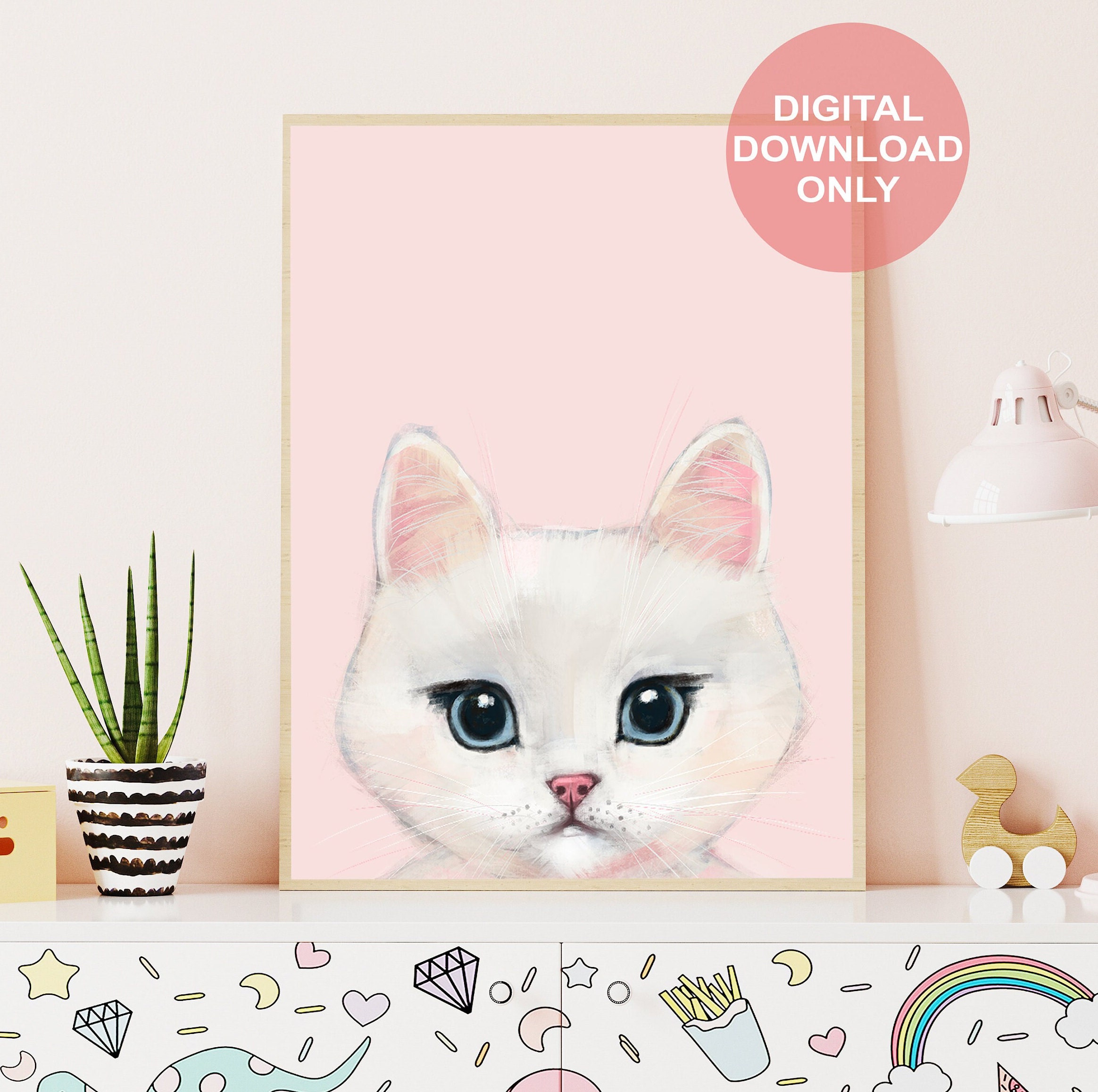 Funny Pink Cat Wall Art, Set of 2 Pink and White Cat Prints, Nursery ...
