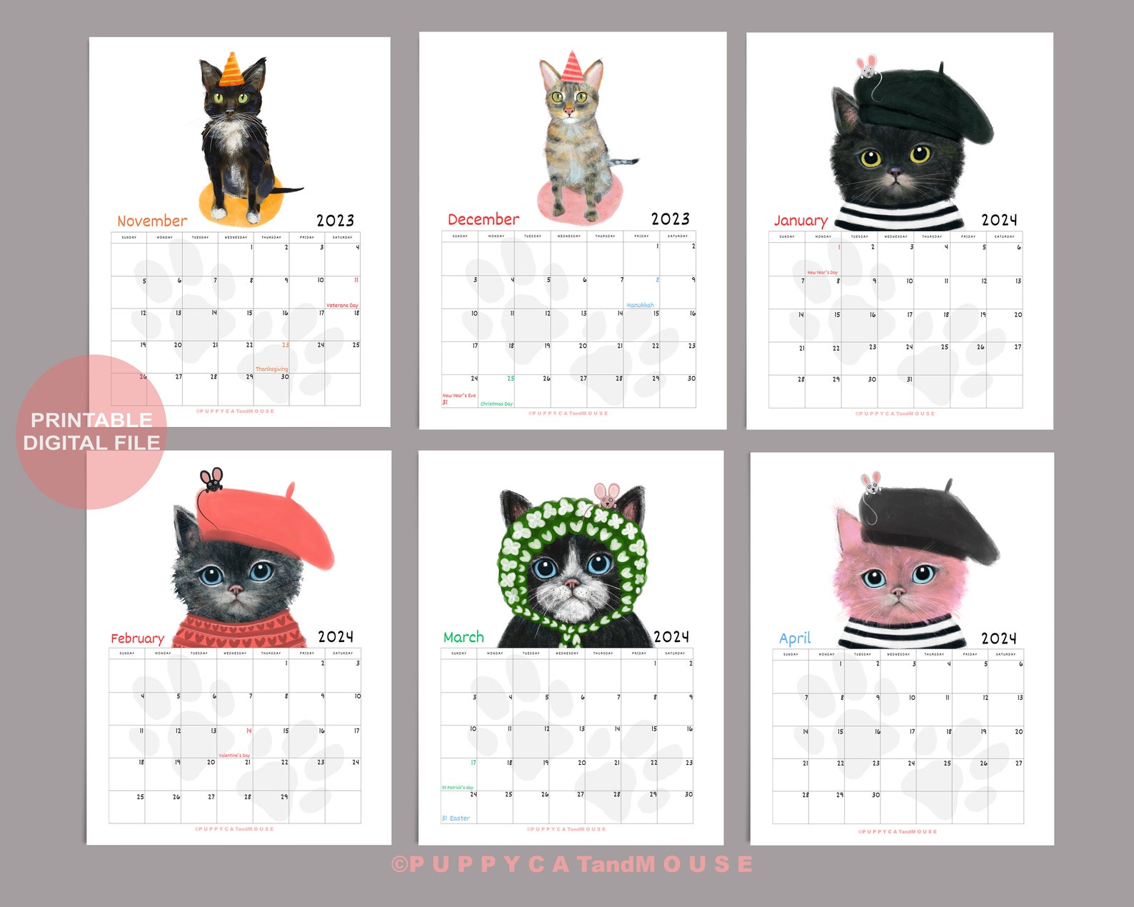 Cat Wall Calendar 2024, Printable Calendar, Funny Calendar, Cat Mom ...