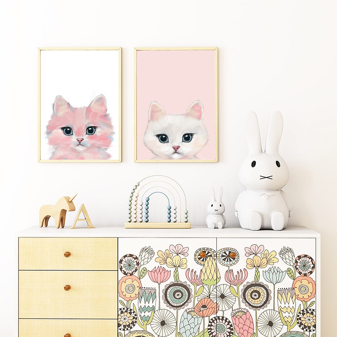 Funny Pink Cat Wall Art, Set of 2 Pink and White Cat Prints, Nursery ...