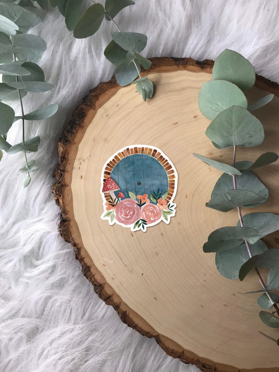 Hobbit Hole Watercolor Sticker | Blue Mushroom Floral Door Painting ...