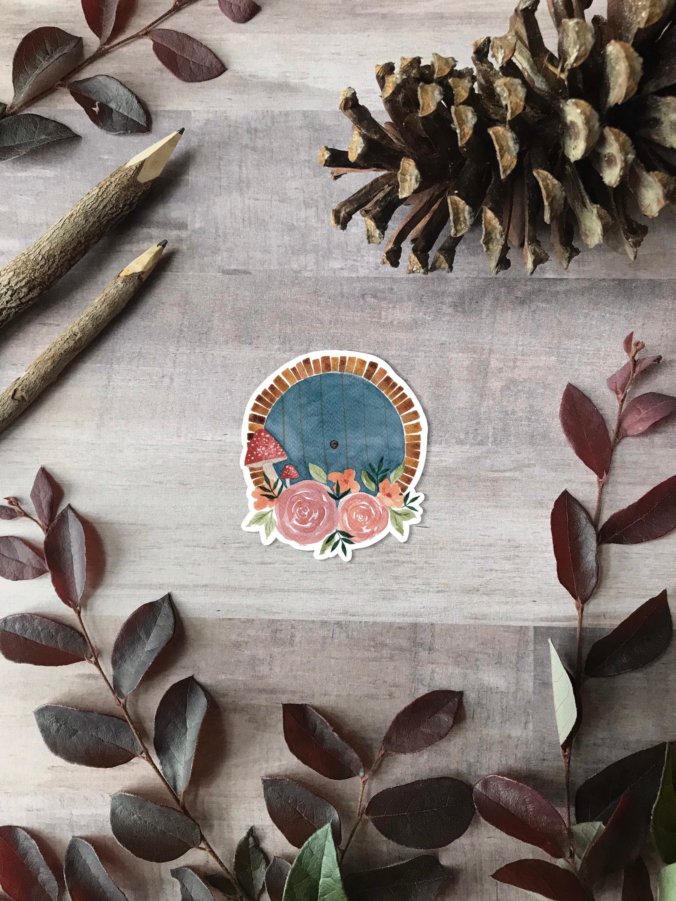 Hobbit Hole Watercolor Sticker Blue Mushroom Floral Door | Etsy