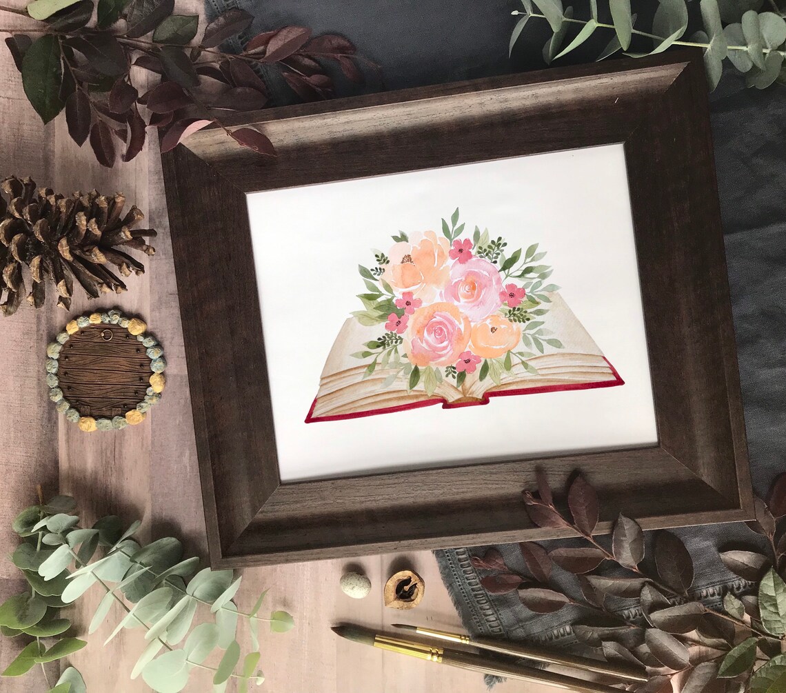Floral Open Book Watercolor Art Print Handmade Painting - Etsy