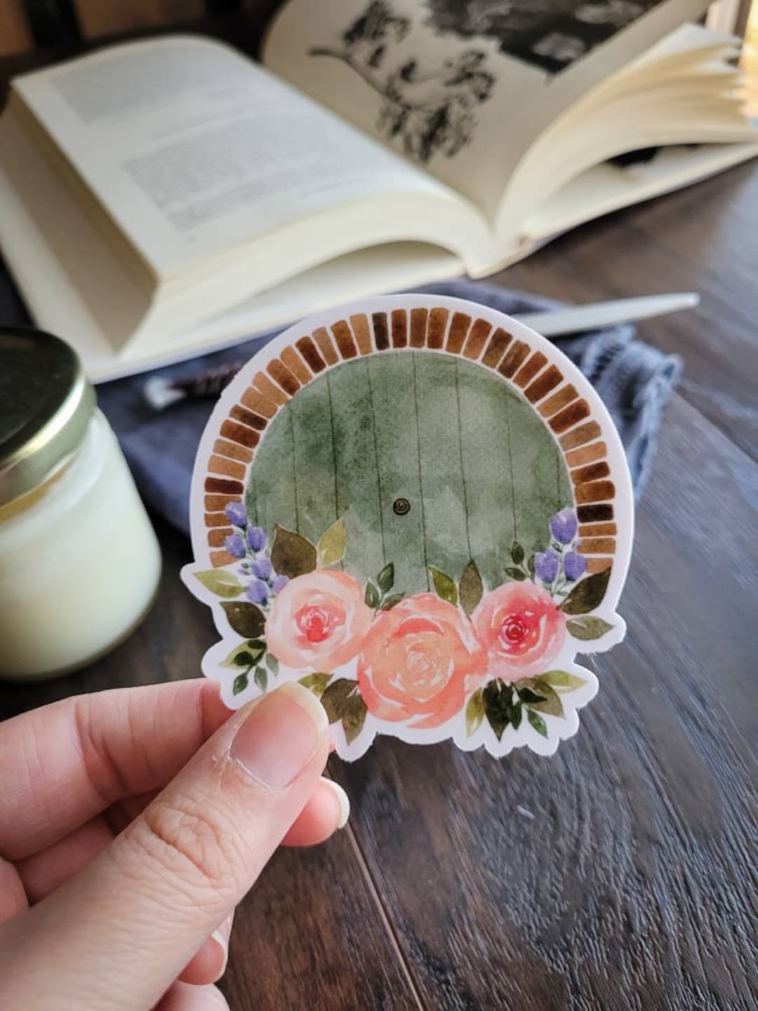 Green and Peach Hobbit Hole Watercolor Sticker | Floral Painting ...