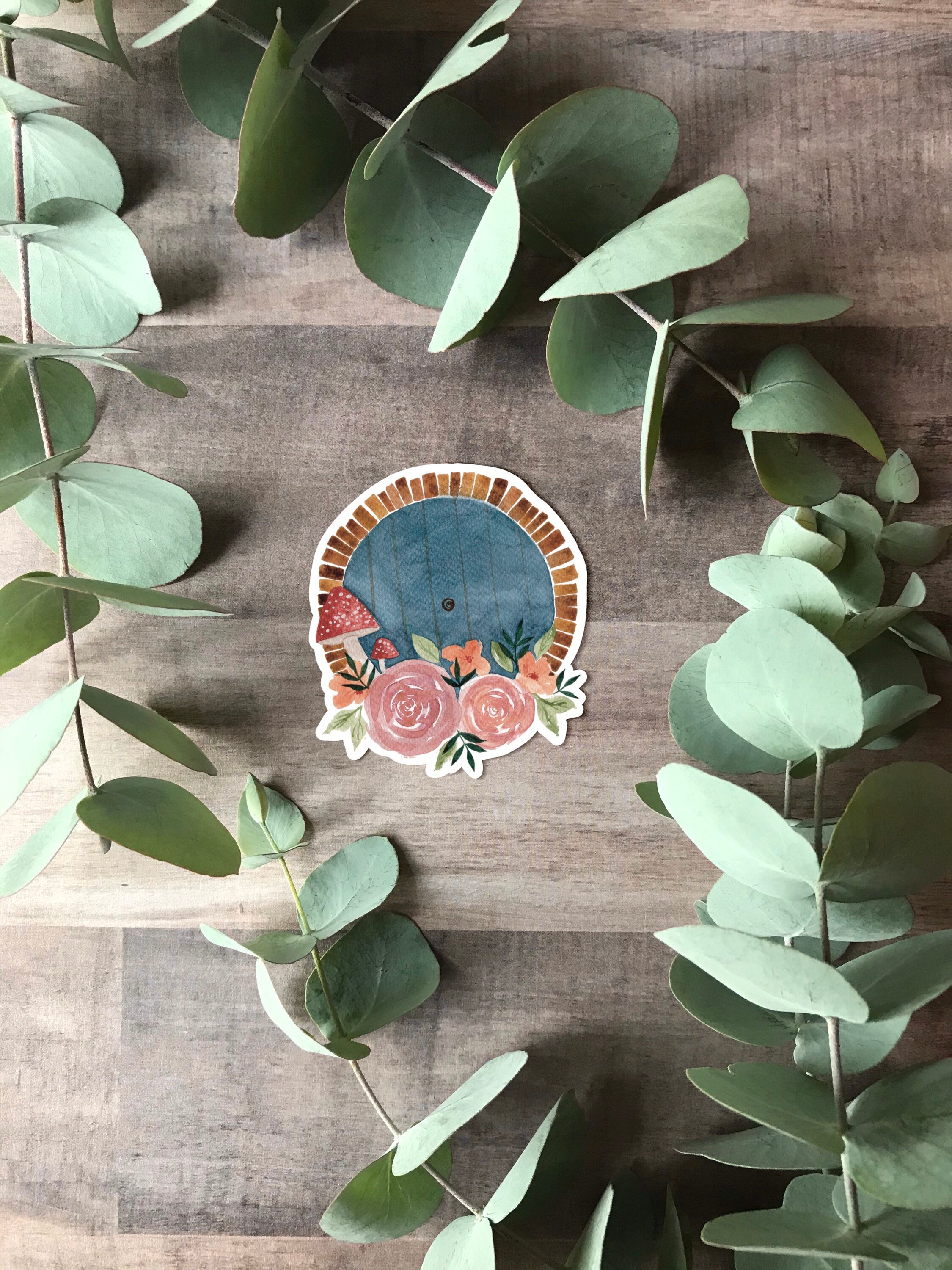 Hobbit Hole Watercolor Sticker Blue Mushroom Floral Door | Etsy