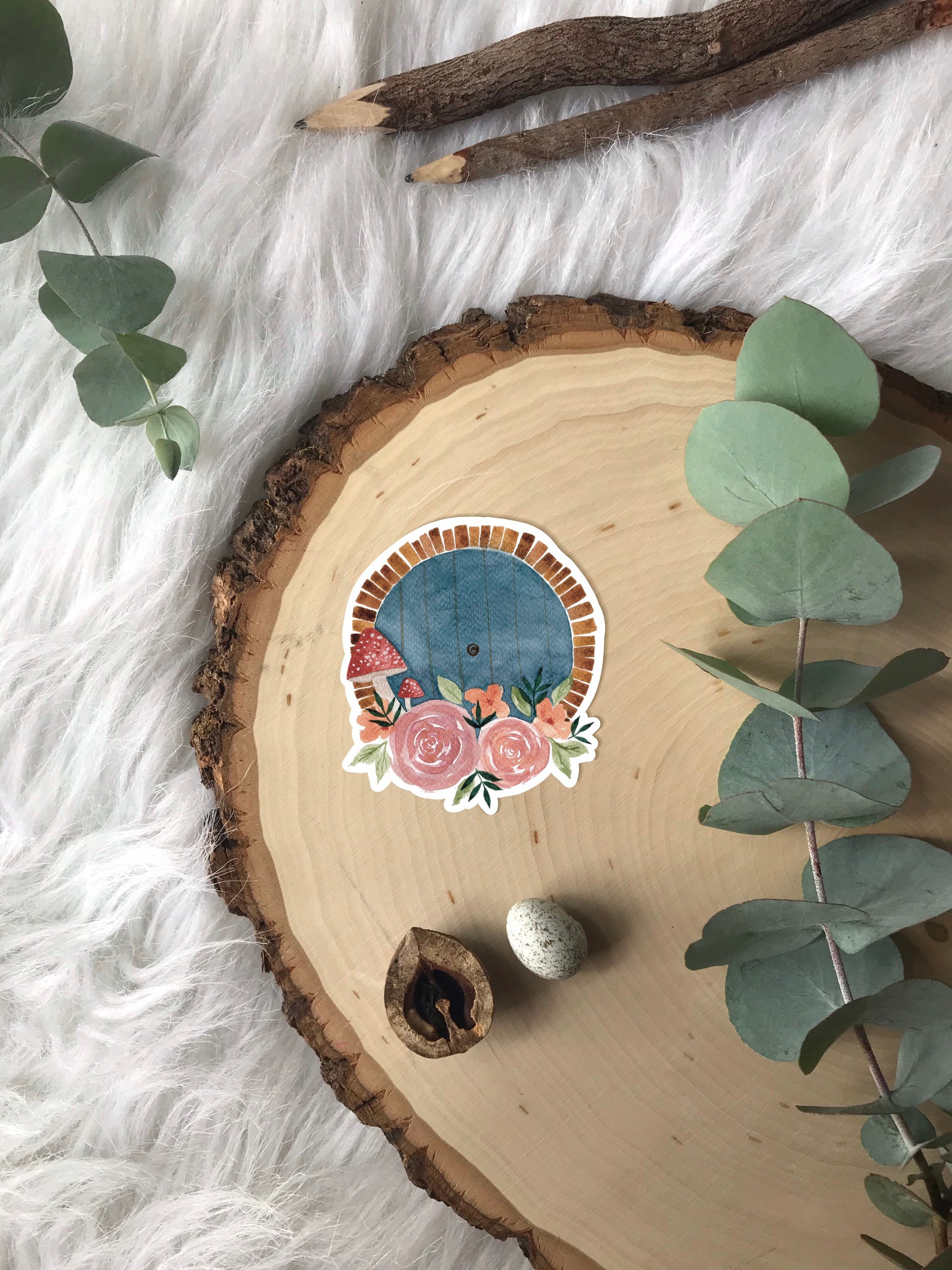 Hobbit Hole Watercolor Sticker | Blue Mushroom Floral Door Painting ...