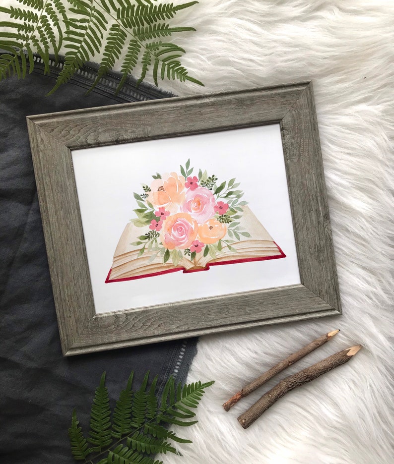 Floral Open Book Watercolor Art Print Handmade Painting - Etsy