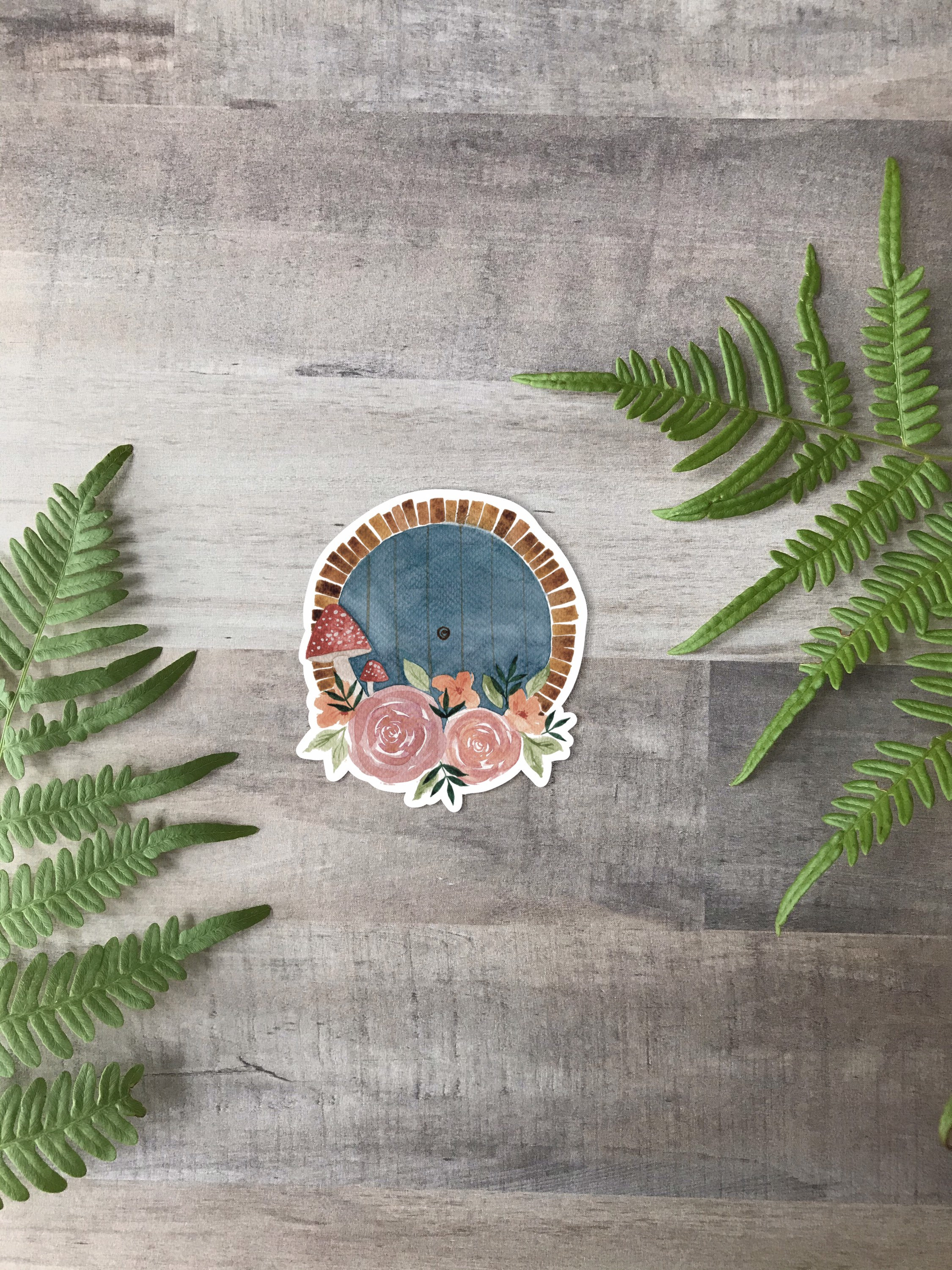 Hobbit Hole Watercolor Sticker Blue Mushroom Floral Door | Etsy