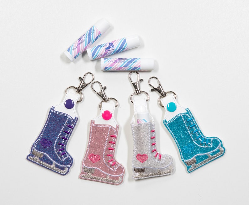 Ice Skate Lip Balm Holder Key Chain, Embroidered Vinyl in Your Choice ...