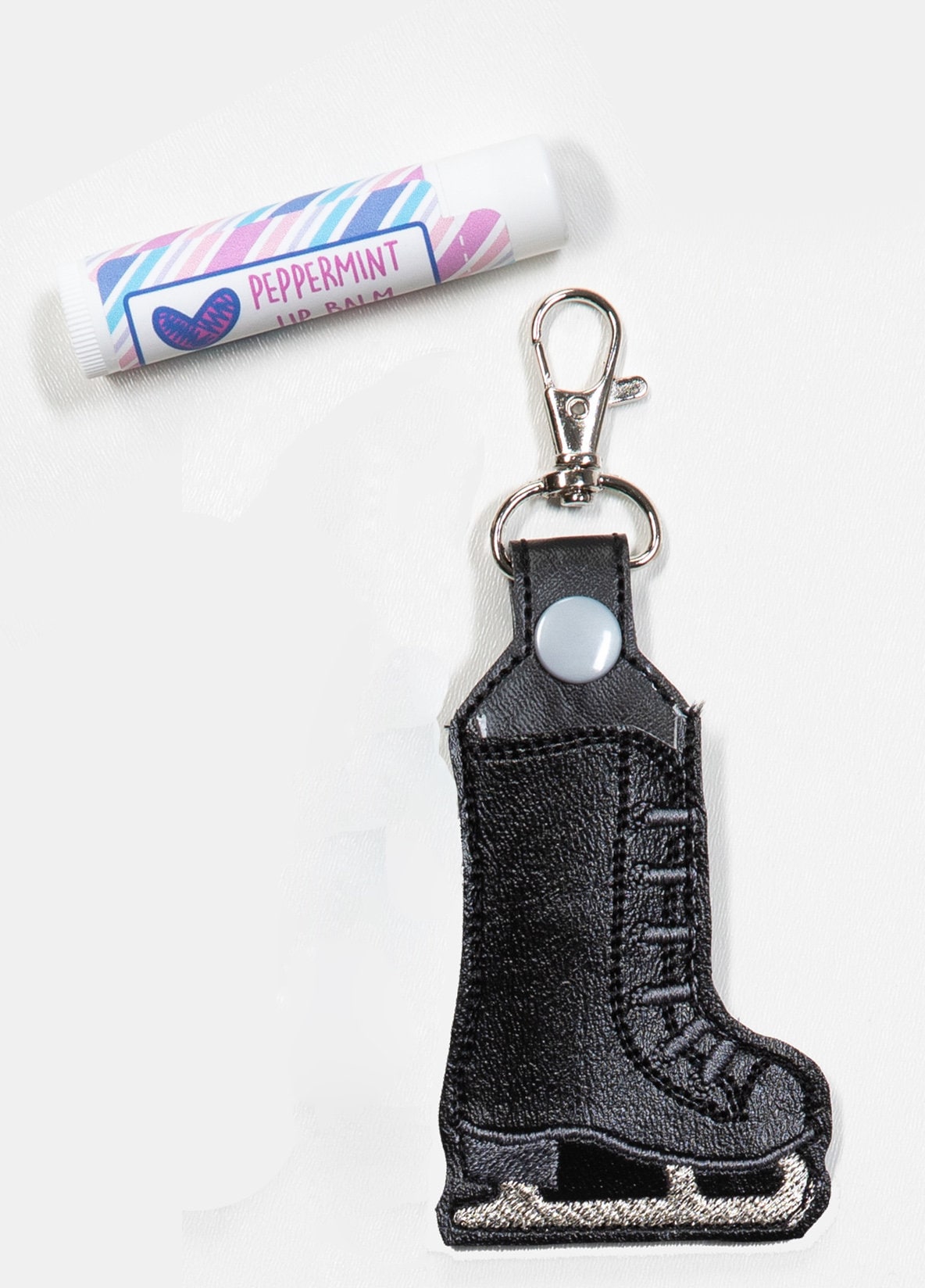 Ice Skate Lip Balm Holder Key Chain, Embroidered Vinyl in Black With ...
