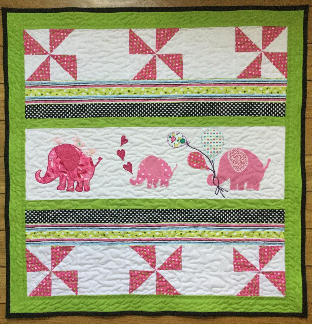 Elephant and Windmill Quilt , Appliqué Elephant Family, Three Elephants ...