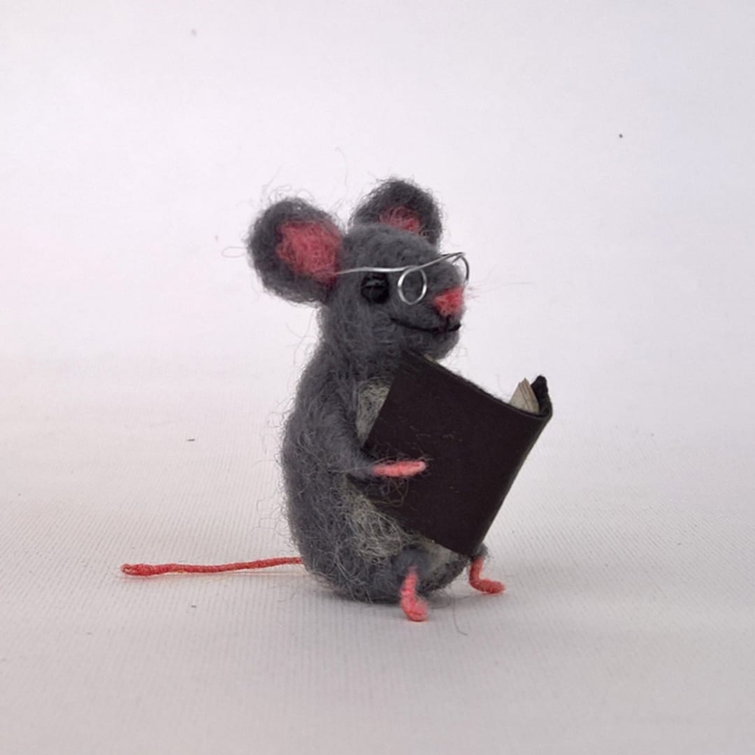 Felted Miniature Mouse Reading Book Back to School Grey Mouse With ...