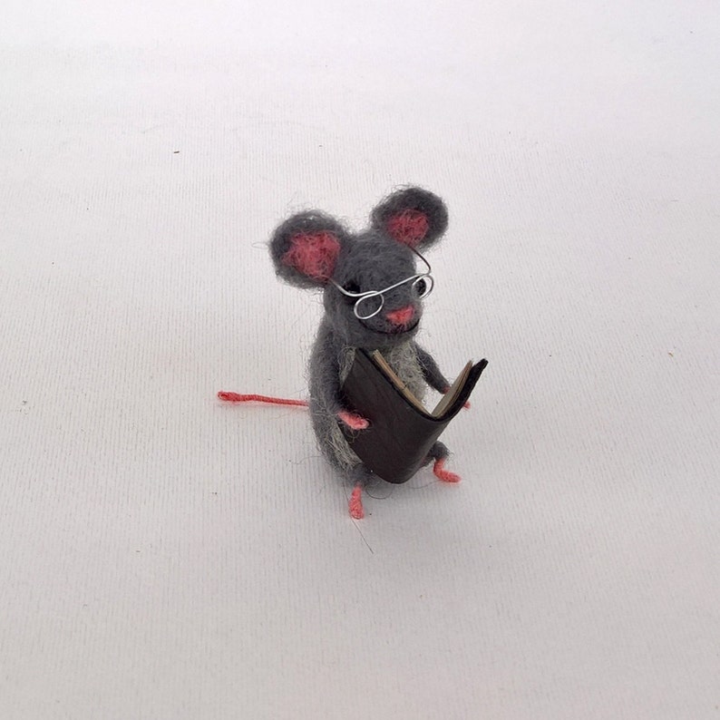 Felted Miniature Mouse Reading Book Back to School Grey Mouse | Etsy