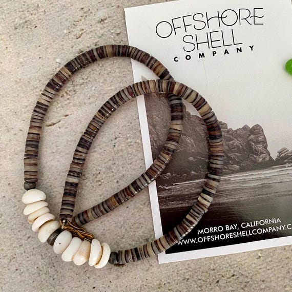 Vintage Puka Shell Necklace: Brown Heishi Beads, Orig… - Gem