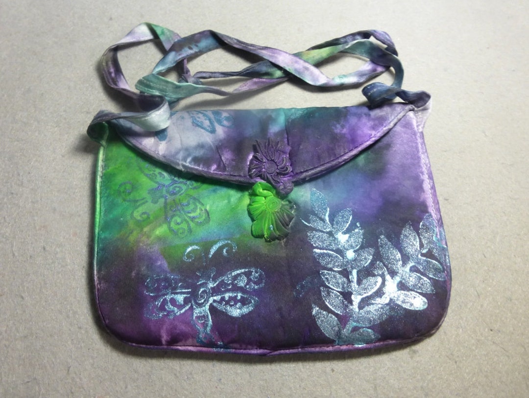Silk Shoulder Bag dragonfly Garden, Hand Painted Silk Purse, Small Blue ...