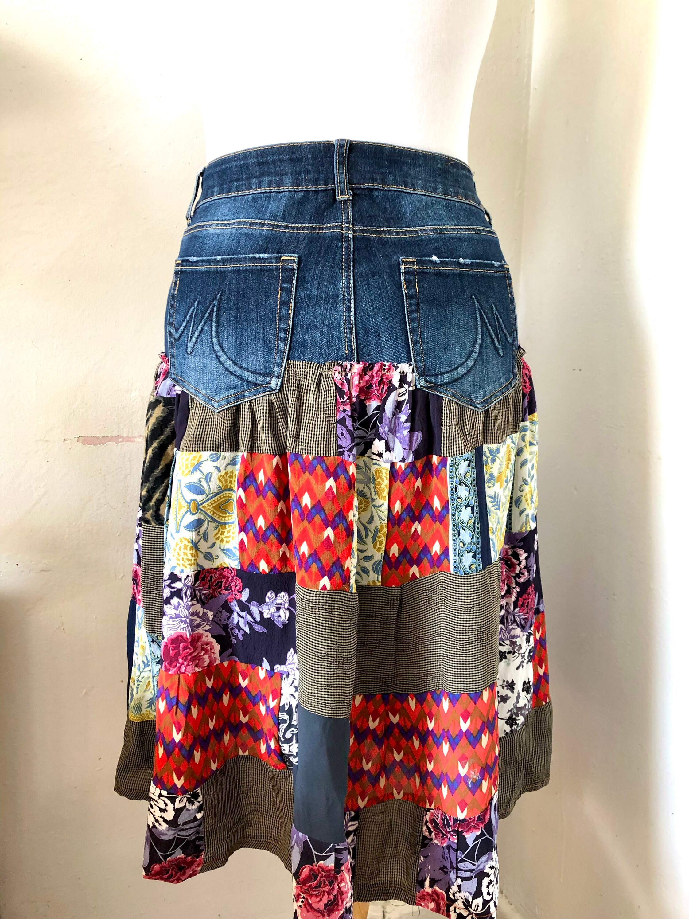 Upcycled Wearable Art Denim Skirt/velveteen Flowers Patchwork Skirt ...