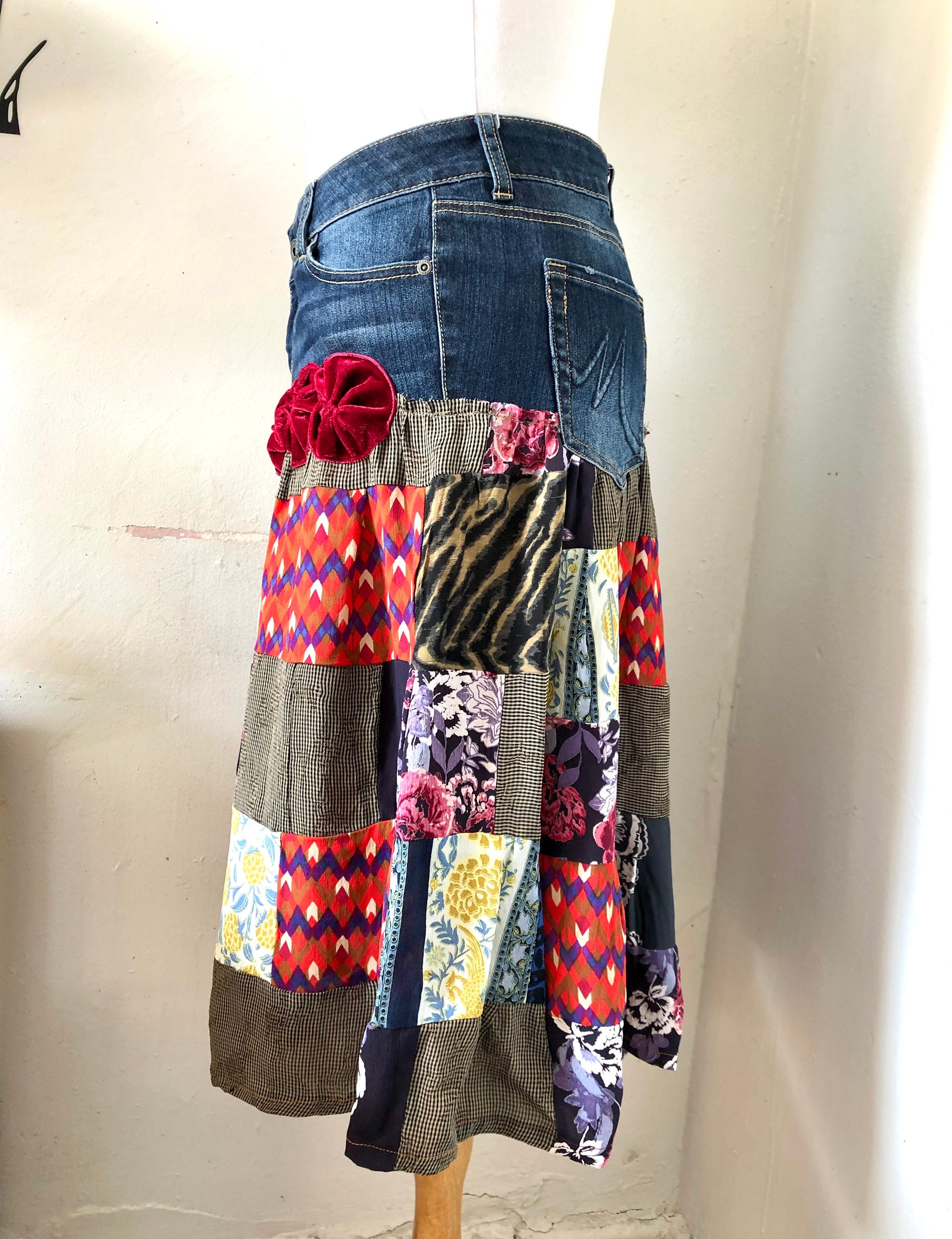 Upcycled Wearable Art Denim Skirt/velveteen Flowers Patchwork Skirt ...