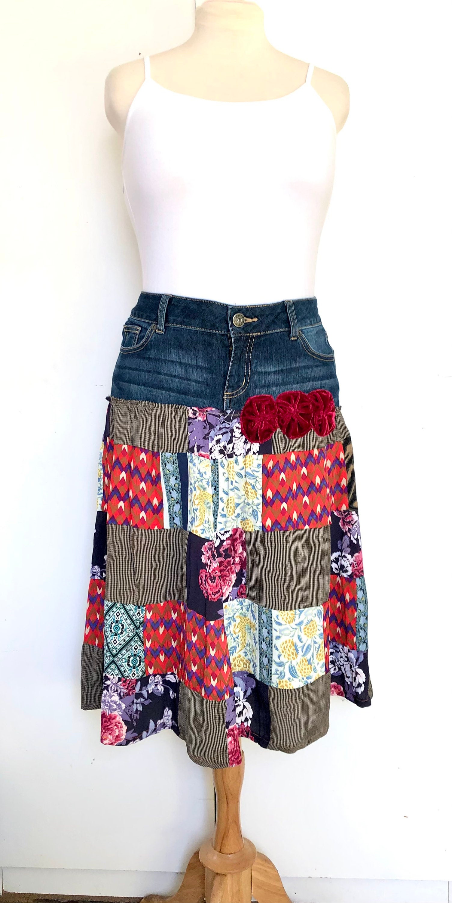 Upcycled Wearable Art Denim Skirt/velveteen Flowers Patchwork Skirt ...