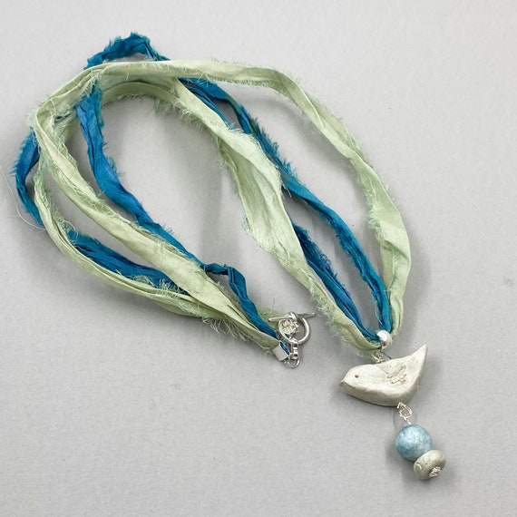 Clay Peace Bird and Sari Ribbon Necklace in Sage Green and Teal OOAK by ...