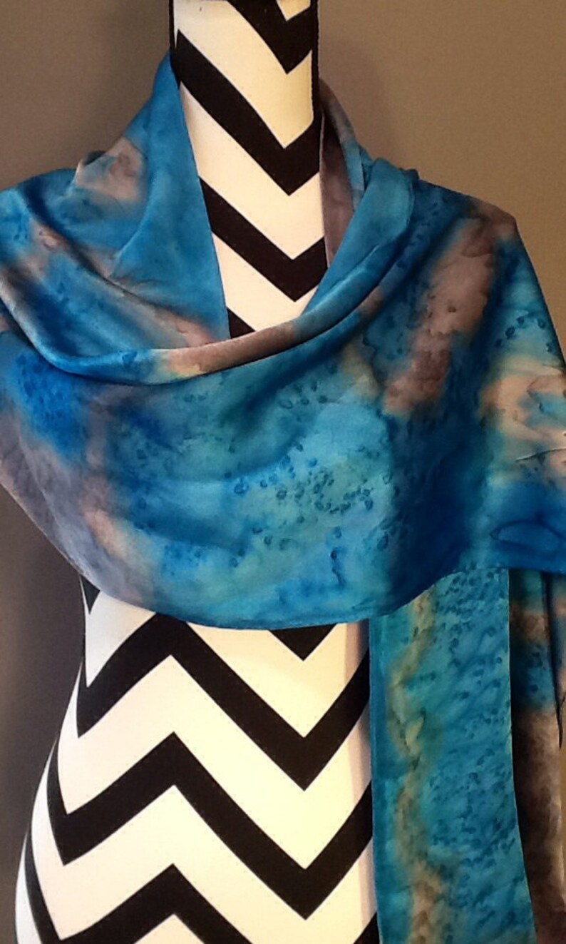 Hand Painted Charmeuse Silk Scarf. Blue and Gray Salt Effect Abstract ...